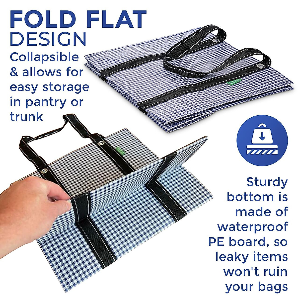 Heavy Duty Reusable Grocery Bags, Foldable Grocery Reusable Bags, 3-Pack Multipurpose Grocery Tote Bags, X-Large Reusable Grocery Bags with Handles & Hard Bottom (10 Gallons, Blue)