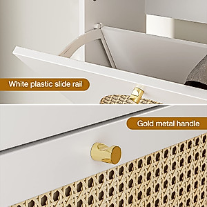 IKIFLY White Rattan Shoe Cabinet with 2 Flip Drawers, Narrow Free Standing Shoe Racks with Metal Legs, Shoe Storage Cabinet for Entryway, Living Room, Apartment