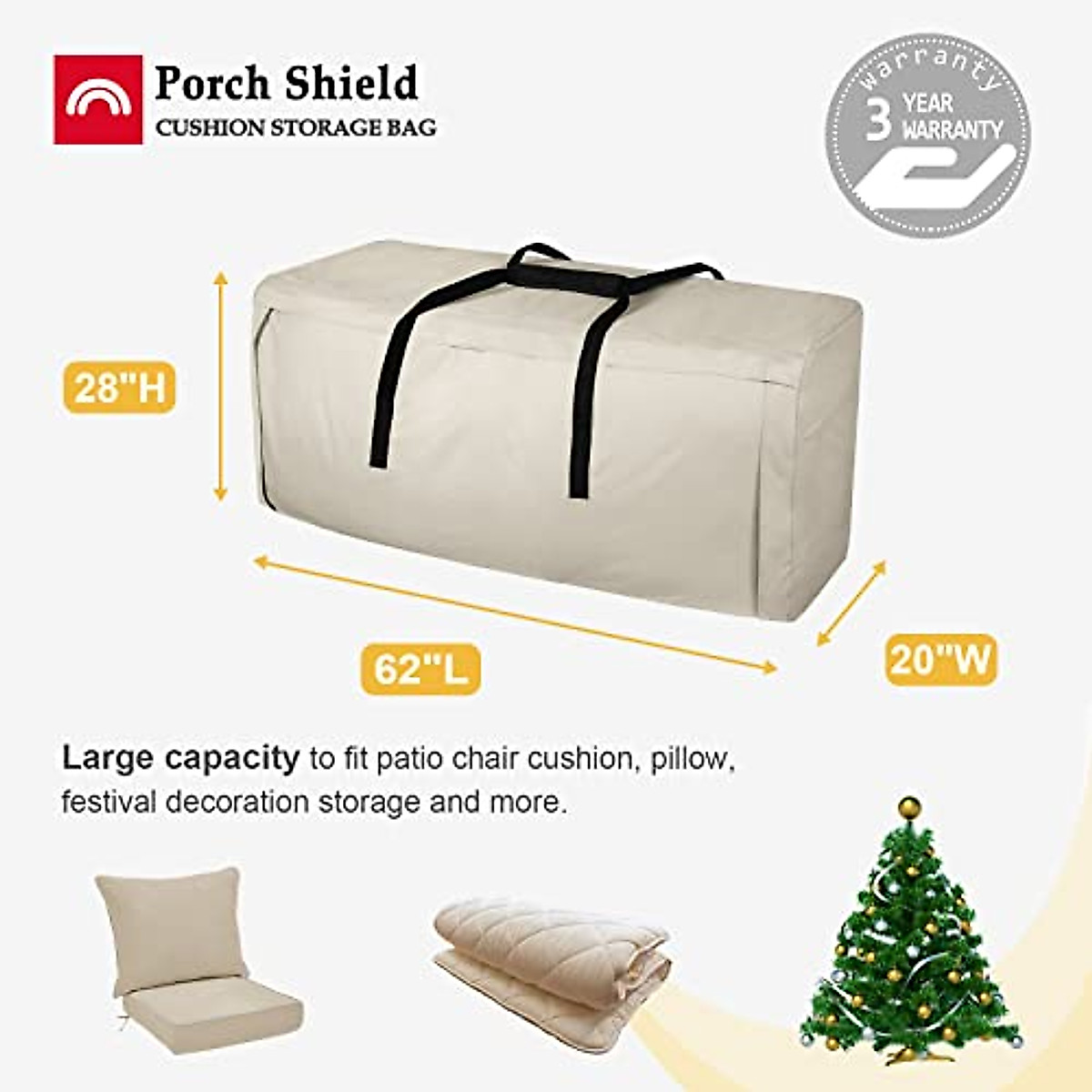 Porch Shield Outdoor Cushion Storage Bag 62 inch Waterproof Outside Storage Bags for Patio Furniture with Zippers and Handles