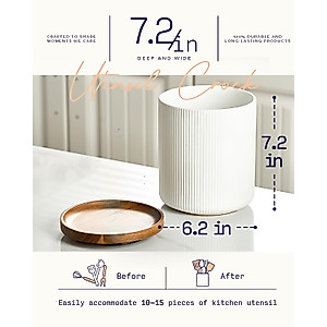 getstar Utensil Holder, 360° Rotating Large Kitchen Utensil Holder, Ceramic Cooking Utensil Holder for Kitchen Counter with Rotatable and Detachable Wooden Base