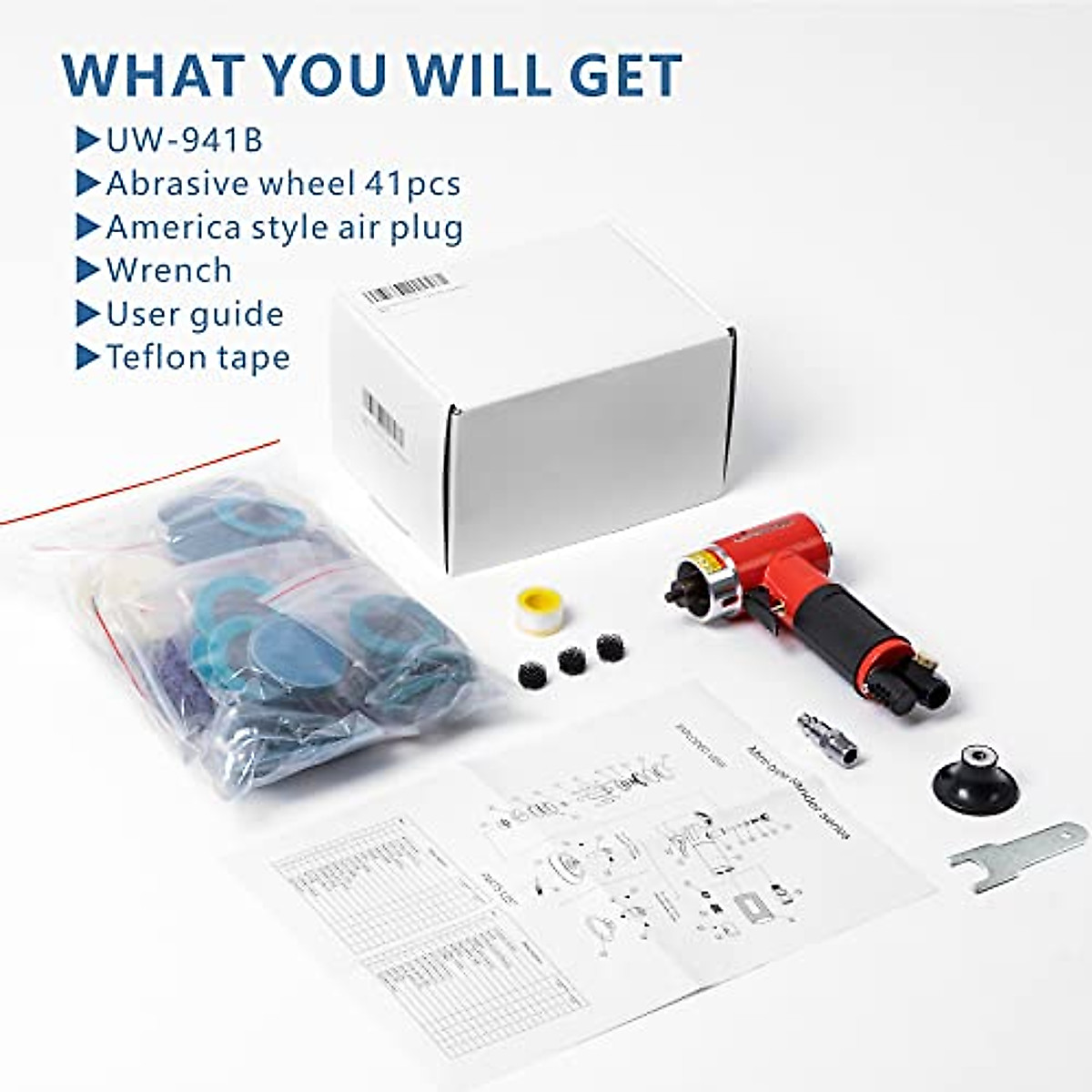 Pneumatic Mini Orbital Sander Grinder Polisher Kit, 2 inch Air Right Angle Surface Prep Tool with 41pcs Roll Lock Discs