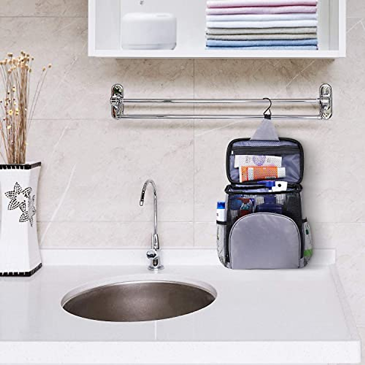 Kitinjoy Shower Caddy Portable, Shower Caddy Dorm/College, Shower Bag, Large Capacity, Quick Dry, With Metal Hook, Travel Mesh Shower Caddy Bag, Gym Room Essentials for Girls Boys (Light Grey)