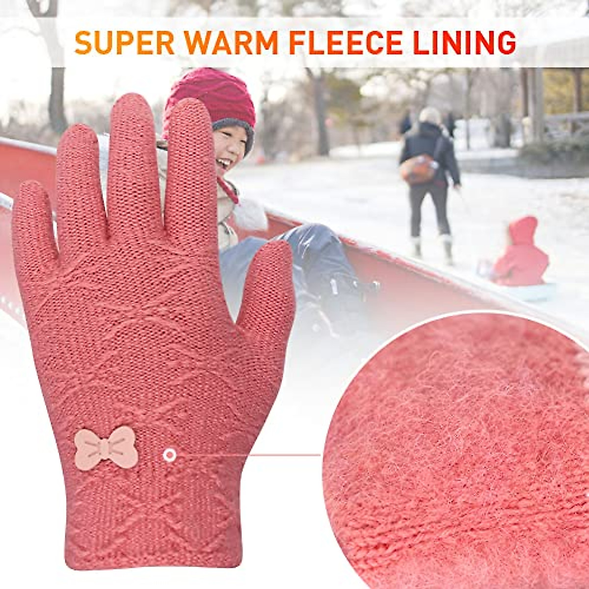 Winter Gloves for Toddler Kids - 3 Pairs Boys Girls Soft Warm Wool Lined Gloves Full Finger Children Thermal Knit Gloves (White/Pink/Grey, 5-12T)