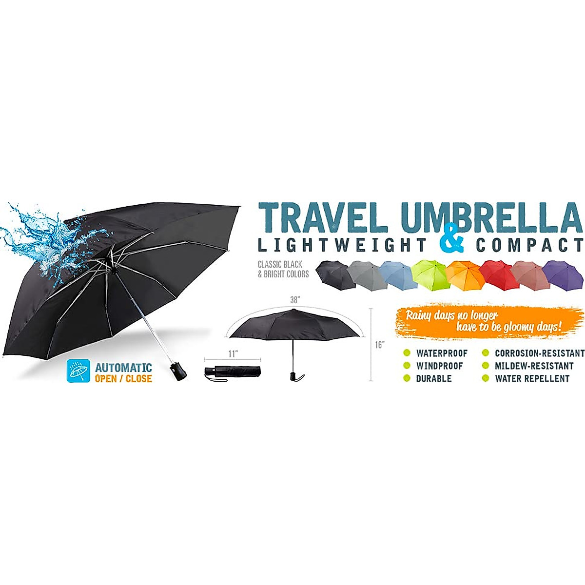 Lewis N. Clark Travel Umbrella: Windproof & Water Repellent Fabric Automatic Open Close , Black