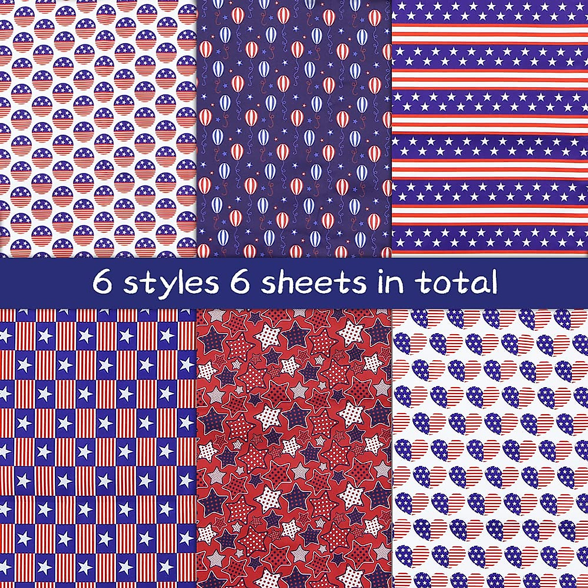 American Flag Cotton Fabric Squares 20x20Inch, 6PCS 4th of July Fabric Red Blue White Star Stripe Heart Balloon Circle Patchwork Sewing for DIY Crafts Supplies, Gift Wrap for American Independence Day