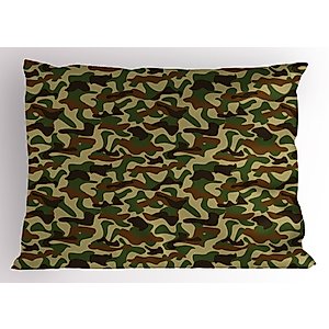 Ambesonne Camouflage Pillow Sham, Squad Uniform Design with Vivid Color Scheme Hunting Camouflage Pattern, Decorative Standard Queen Size Printed Pillowcase, 30" X 20", Green Brown