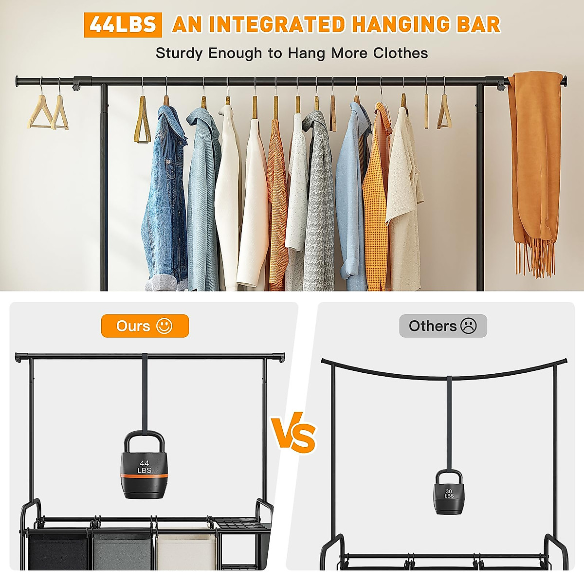 Raybee Laundry Hamper, Laundry Basket, Laundry Sorter, 200L（53Gal）Laundry Basket with Wheels, Laundry Sorter 3 Section, Laundry Hamper with 13" Adjustable Hanging Bar and 3 Tier Shelves