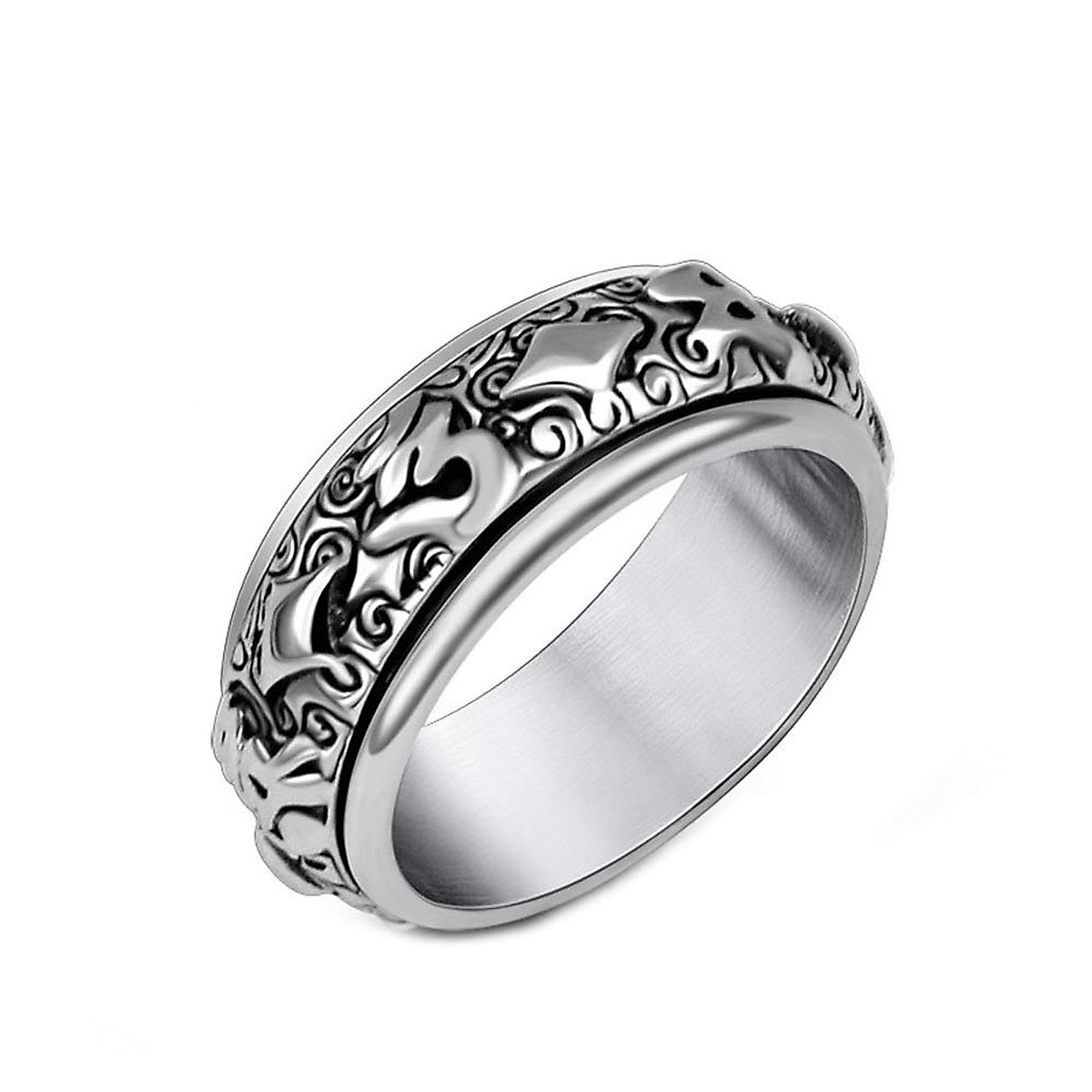 HIJONES Unisex Stainless Steel 6 Word Mantra Religious Spinner Ring Wedding Band Silver Size 10