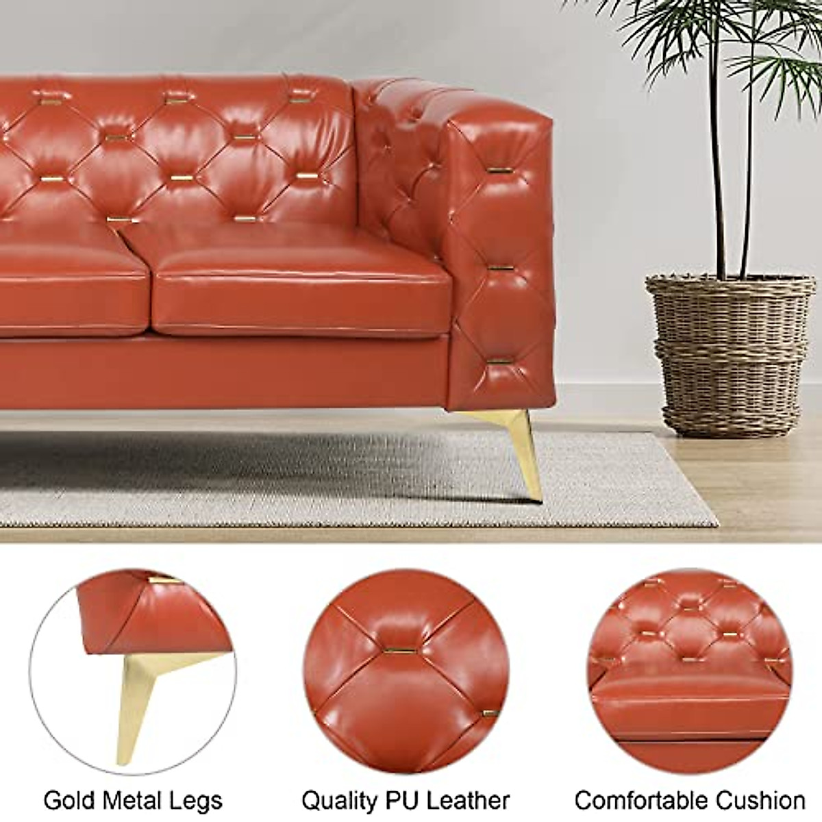 LEVNARY Modern Chesterfield Sofa Leather, Tufted Upholstered 3 Seater PU Couch, 84 Inches Settee Sofa with High Arm and Golden Metal Legs, Couches for Living Room Bedroom Office (Orange)