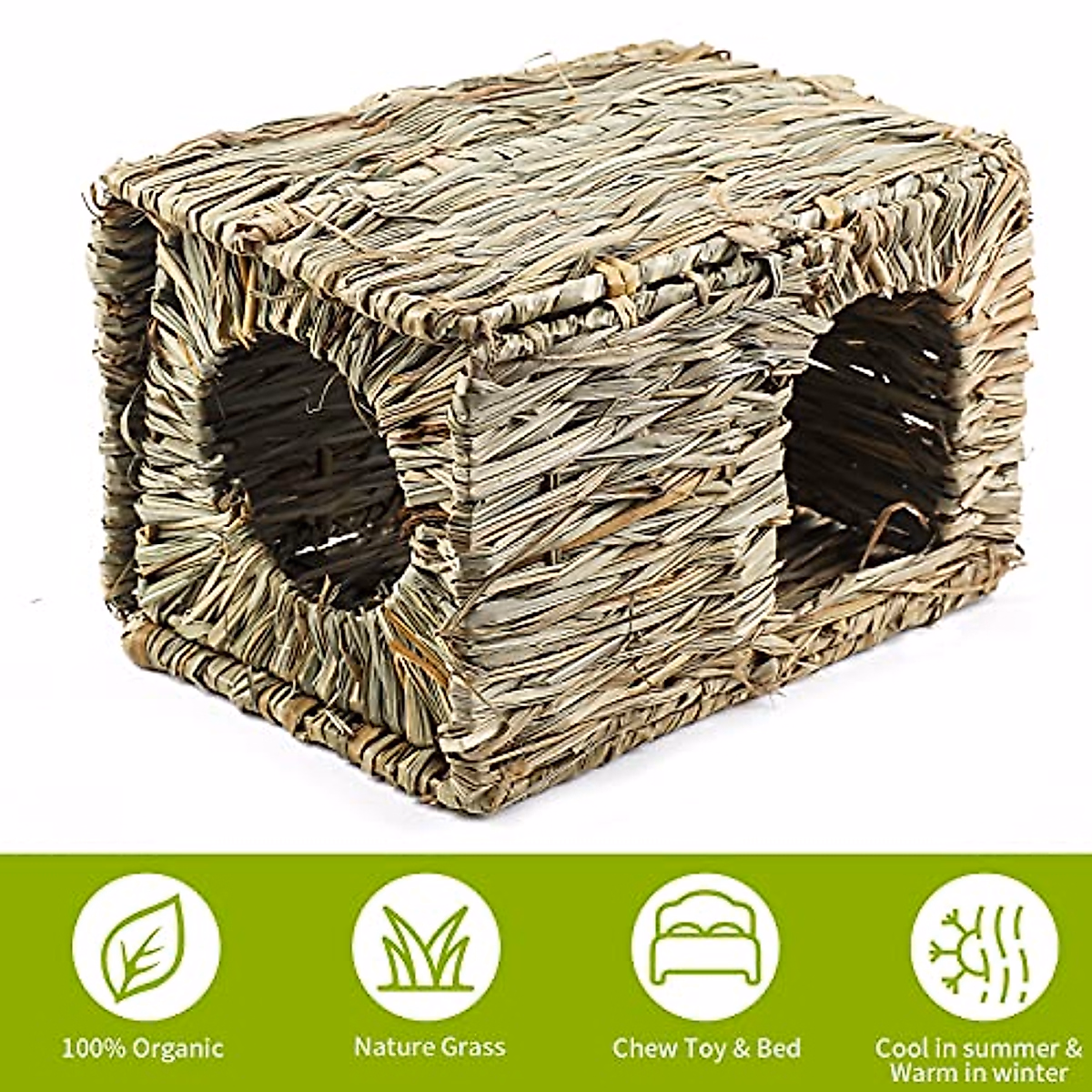 Fuaier Large Grass House for Rabbit Guinea Pig Hamster Chinchilla and Small Animals. Hand-Woven Safe and Comfortable Foldable Playhouse for Laying or Sleeping