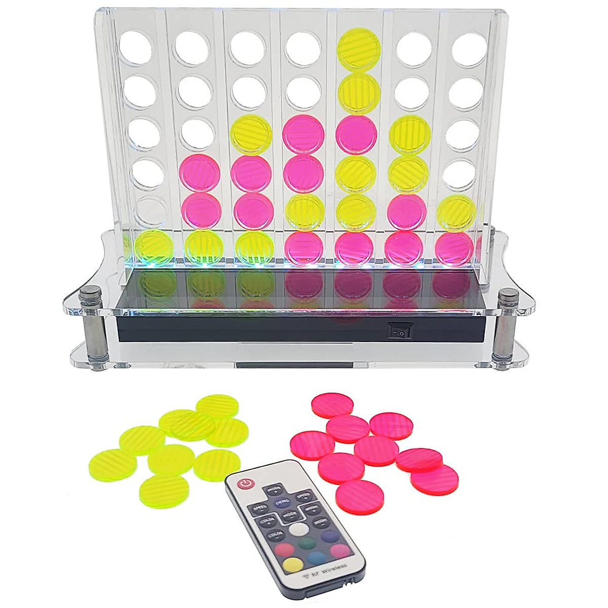 OnDisplay Luxe Glowing Acrylic Four in a Row Game w/Lights & Remote Control (Pink/Yellow)