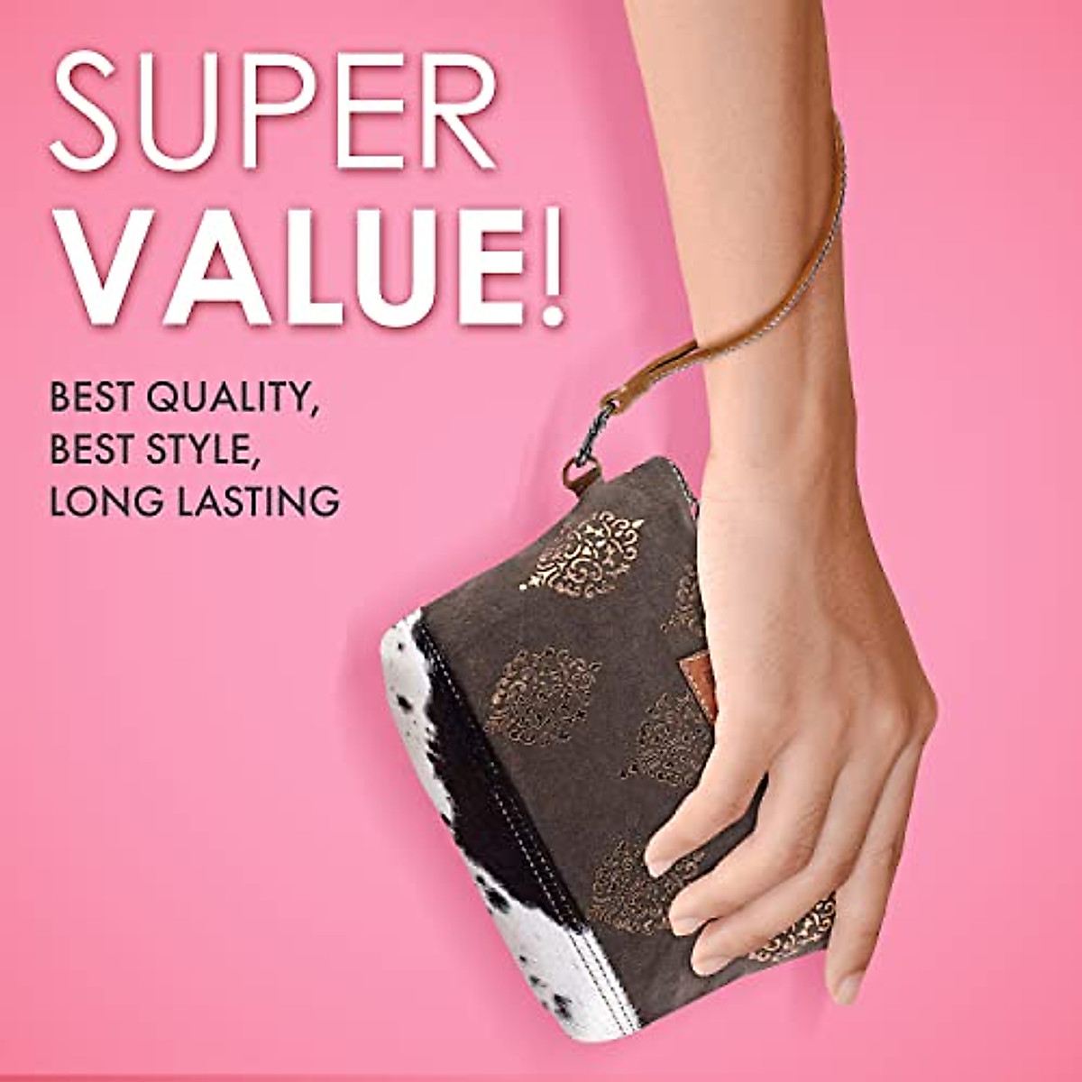 SIXTEASE Women's Fashion Wristlet Small Clutch With Wrist Strap - Vintage Style Zipper Made with Genuine Leather, Upcycled Canvas, Rug, or Hair On - Unique Designs, Hand Stitched - Dimensional