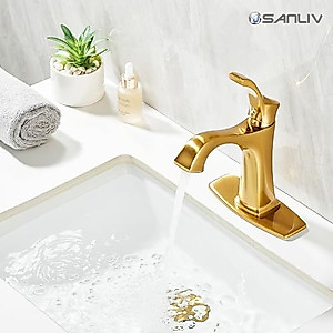 Sanliv Brushed Gold Single Handle Bathroom Faucet, Deck Mount, 1 or 3 Hole Centerset, Solid Brass Body, Ceramic Disc Cartridge, Easy Installation, 6-Inch Deck Plate
