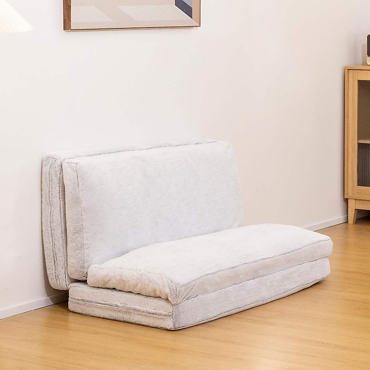 Zekeoney Folding Matress Sofa Bean Bag Sofa Bed, Foam Filling Wall Sofa Beanbag Couch Bed Soft Faux Fur Floor Sofa with Removable Cover for Living Room, Bedroom (White)