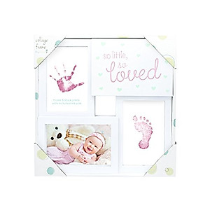 tiny ideas Baby Prints Collage Keepsake Frame With Included Ink Pad, Newborn Handprint And Footprint Nursery Decor, So Little So Loved, Pink/White
