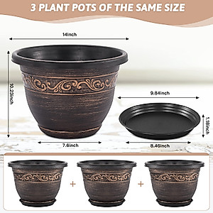 Plastic-Plant-Flower-Planters-14 Inch with Drainage Hole & Saucer, 3 Packs Lightweight Large Resin Flower Pot Indoor Outdoor, Retro Antique Imitation Decorative Garden Containers Sets for Houseplants
