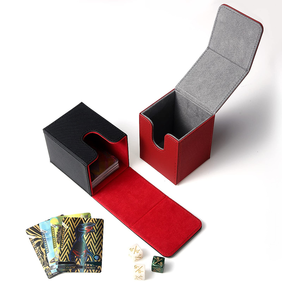 Weewooday 2 Boxes Leather Deck Card Boxes Large Size Fit 100 Plus Sleeved Cards Deck Game Box for Collectible Cards Deck Playing Card Box Compatible with MTG TCG(Black Red, Red, Vertical)