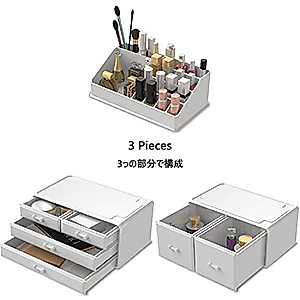 READAEER Makeup Organizer 3 Pieces Cosmetic Storage Case with 6 Drawers (White)
