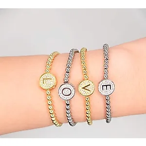 by you Initial Bracelets for Women 26 Letters Alphabet Round Charm Stainless Steel Gold Silver Beaded ball Bracelets (Silver - C)