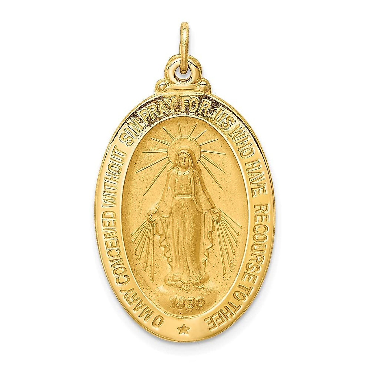 14k Yellow Gold Satin Medium Oval Miraculous Medal Fine Jewelry for Women (L- 32.5 mm W- 18.5 mm)