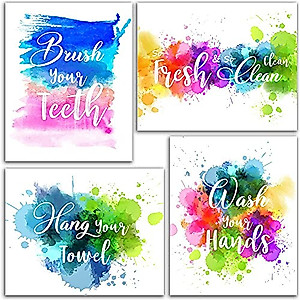 FALJIOK Watercolor Bathroom Decor Wall Art Prints, Funny Bathroom Brush Wash, Colorful Abstract Paint Splats Bathroom Wall Art Prints, Set of 4 (8”X10”) Unframed