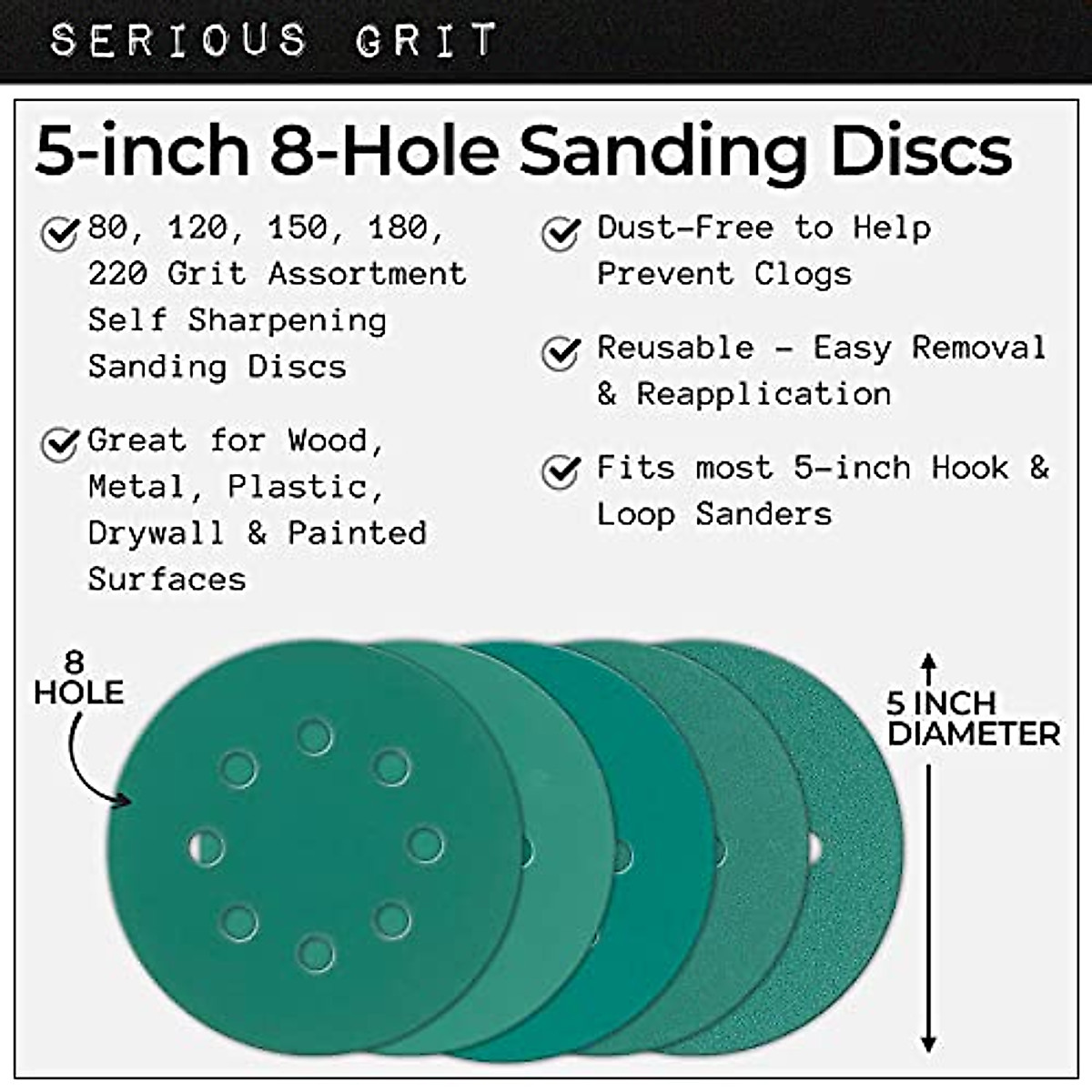 Serious Grit - 5-Inch 8-Hole Sanding Discs Assortment - 80, 120, 150, 180, 220 Grit (10 of Each) - Heavy-Duty Hook & Loop Film Discs - Sandpaper for Random Orbital Sanders - 50 Pack Box