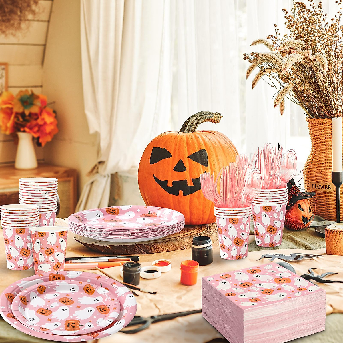 JarThenaAMCS Halloween Tableware Set Ghost Pumpkin Disposable Party Supplies Pink 9 & 7 Inch Paper Plates 6.5 Inch Napkins Cups and Cutlery for 25 Guests