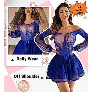 Avidlove Women Lingerie Sexy Fishnet Lingerie Lace Babydoll Lingerie Dress Long Sleeve Mesh Chemise Boudoir Nighty, Blue, L
