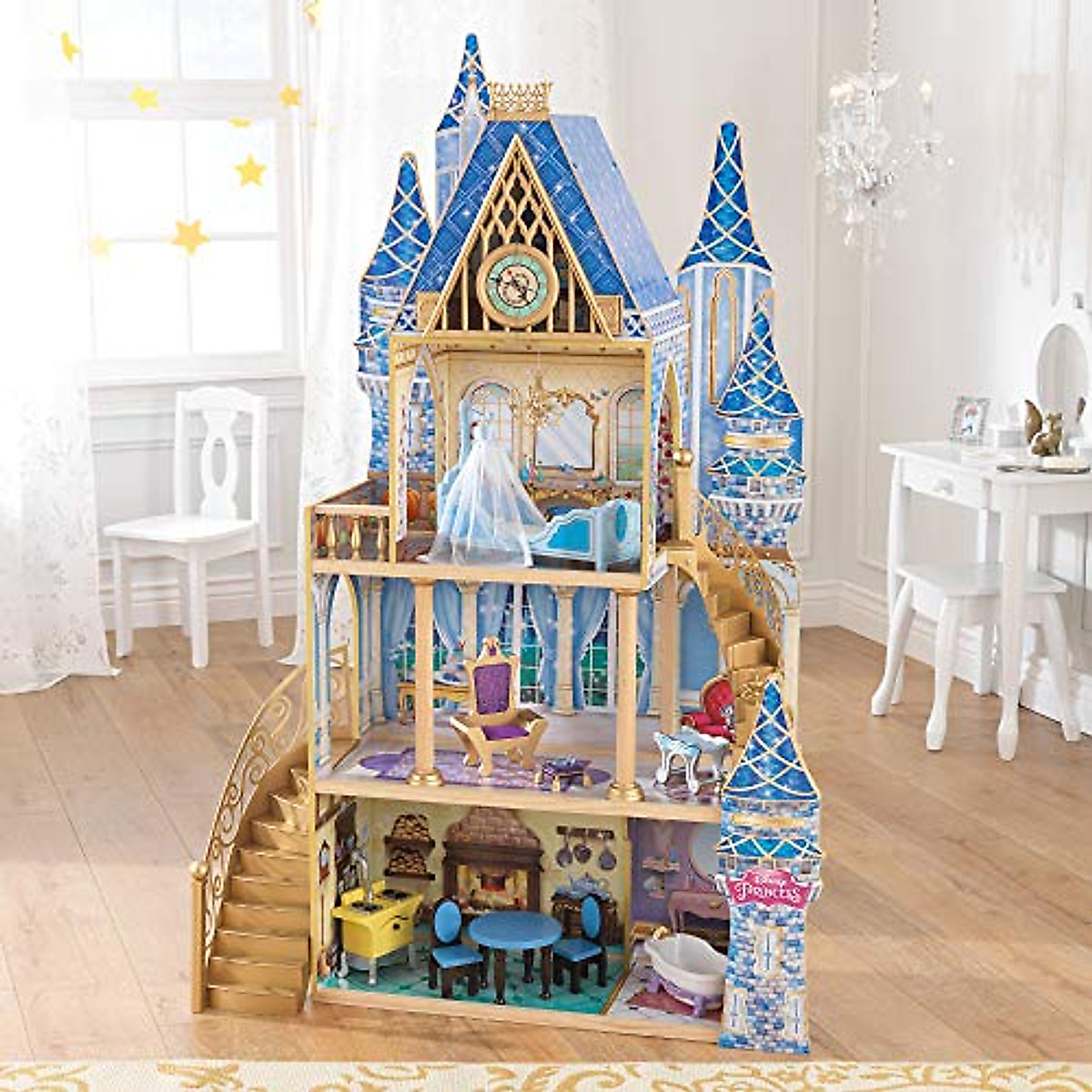 KidKraft Disney® Princess Cinderella Royal Dream Wooden Castle Dollhouse, Over 4 Feet Tall with 12 Pieces, Blue, Gift for Ages 3+
