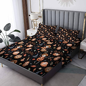 Halloween Sheets Full Size, Pumpkin Witch Bed Sheets, Patterned Bedding Sheets & Pillowcases 4 Piece Set - Soft Microfiber Deep Pocket Fitted Sheet & Flat Sheet & 2 Pillow Cases M8-&-205