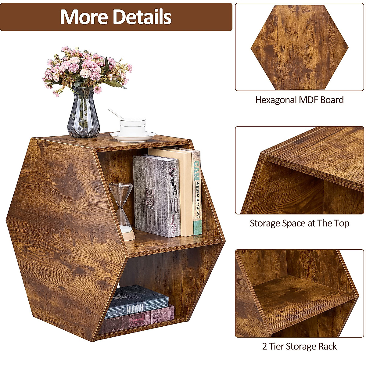 BEWISHOME Hexagonal Small Coffee Table with Storage, Unique Modern Coffee Table for Living Room and Office, Brown Natural Wood Small End Tables for Small Spaces Set of 2, KlZ02Z
