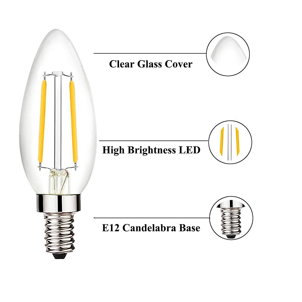 Beonllay 12 Volt LED Candelabra Bulbs E12 Base Light Bulb 25 Watt Warm White 2700K, 12-24 Volt Low Voltage Candelabra Bulbs LED 2W for 12 Volt System, 6 Pack