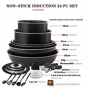 lzteck 24 Pieces Non-Stick Cookware Set with Meat Thermometer,Stackable Pans and Pots Set, Removable Handles Cookware set, for RVs and Camping,Induction,Dishwasher Safe