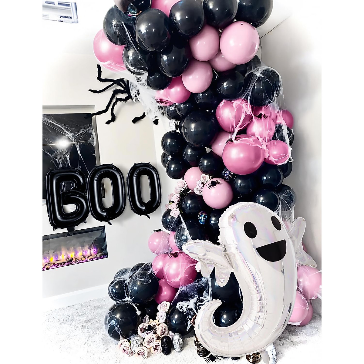 Pink Halloween Balloon Garland Arch Kit,122Pcs Halloween Black pink White Balloons Large Boo Ghost Foil Balloons Spider Balloons for Girl Birthday Baby Shower Party Decorations