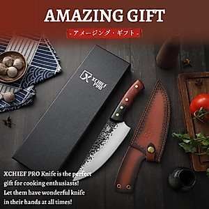 XCHIEF PRO 7" Chef Knife - Butcher Knife for Meat, Japanese High Carbon Meat Cleaver Knife, Hand Forged Meat Cutting Knife, Ultra Sharp Kitchen Knife for Home, Camping BBQ Cooking Knife