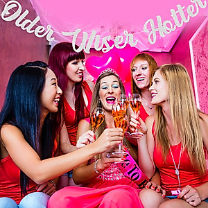 Older Wiser Hotter Banner, Silver Glitter Birthday Party Decorations for Adults, Funny 30th Happy Birthday Decor for Men Women, 40th 50th 60th Bday Triangle Flags Banner and Tinsel Foil Curtains Decor