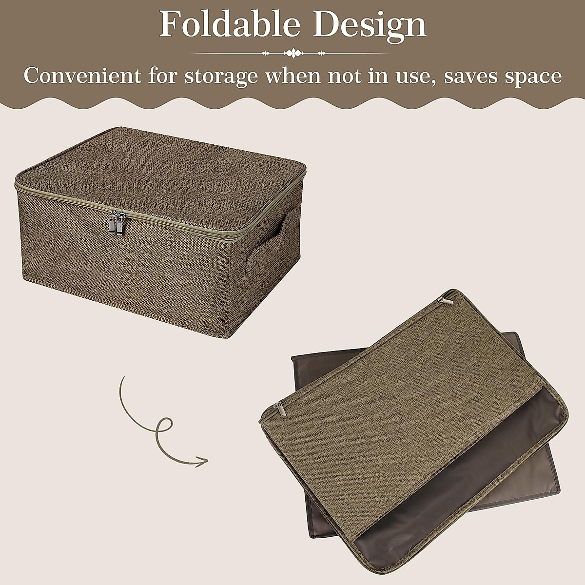 LaMorée Storage Bins with Lids Fabric Decorative Storage Box Zipper Handle Foldable Storage Cube PP Plastic Board Linen Clothes Container Organizer Coffee 18" Lx14 Wx10 H 1 Pack