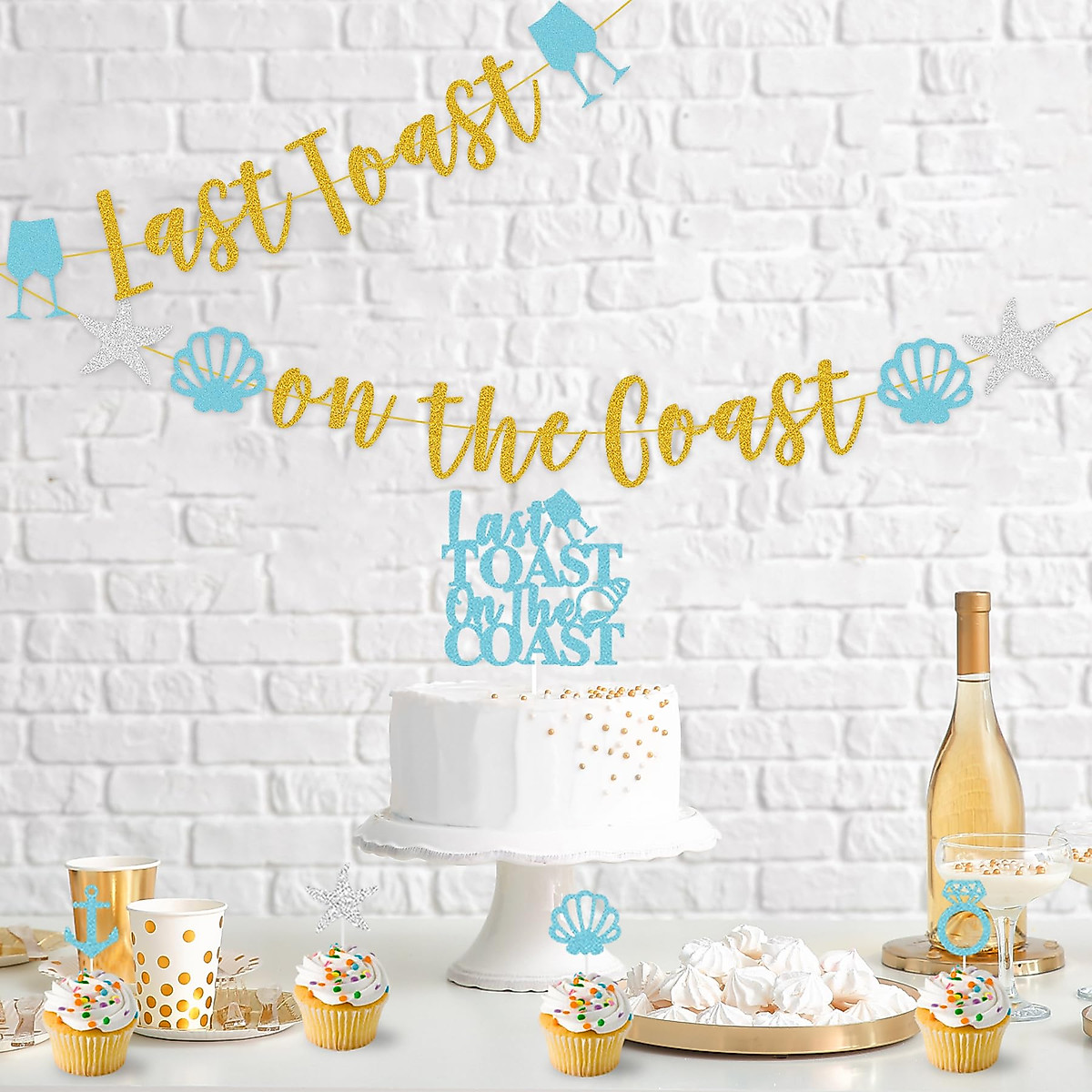 Last Toast on the Coast Bachelorette Decorations - Last Toast On The Coast Banner Cake Cupcake Toppers, Bachelorette Party Banner Garland Blue for Bridal Shower Decorations Party Supplies