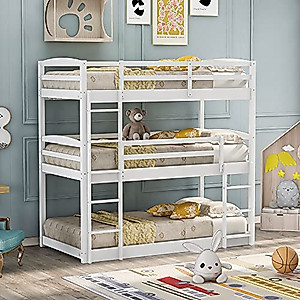 Lifeand Twin Over Twin Over Twin Triple Bunk Bed with 2 Built-in Ladders,Wooden Floor Bunk Bedframe with Safety Guardrail & Ladder for 3 Kids Teens,White