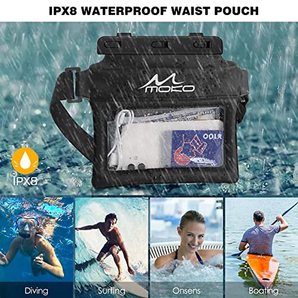 MoKo Waterproof Phone Pouch Fanny Pack, Floating Dry Bag for Swimming Kayaking Snorkeling, Compatible with iPhone 14 13 12 11 Pro Max X/Xr/Xs Max, Galaxy S21 Ultra/S9/Note 10 Plus, Black