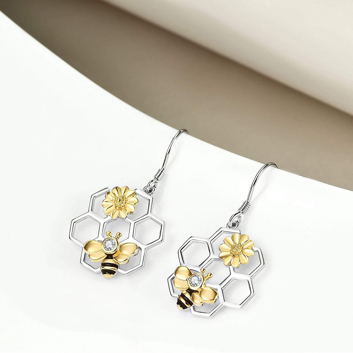 LUHE Honeycomb with Bee Stud Earrings 925 Sterling Silver Beehive and Bee Earrings for Women (bee earrings) (B-Bee earrings)