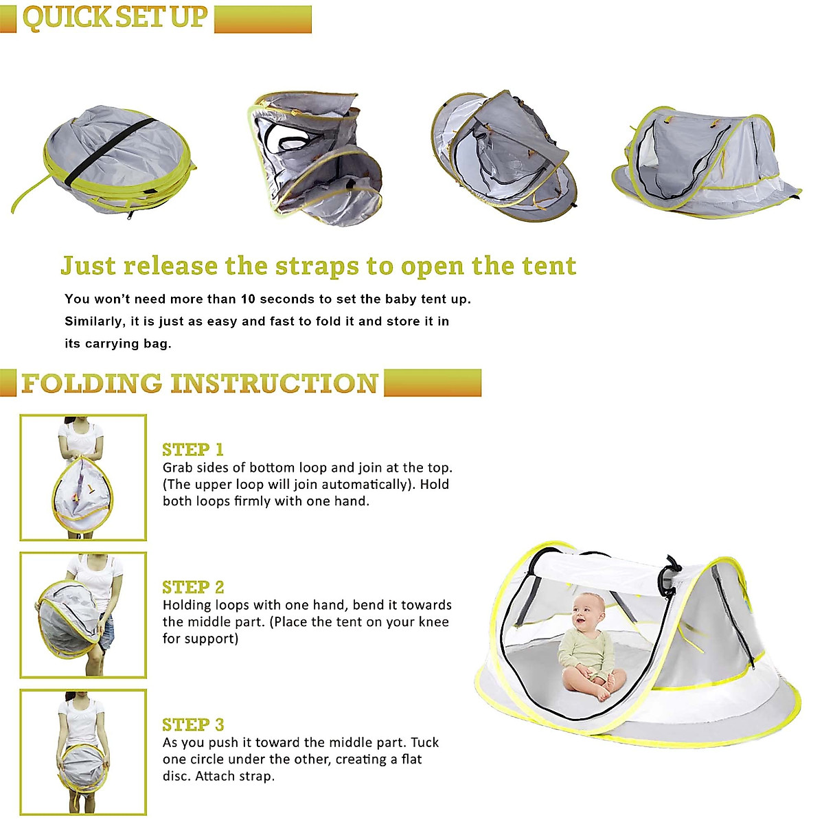 Green Pipe Baby Pop Up Tent - UPF 50+ Sun Shade with Mosquito Net, Beach Umbrella for Girls & Boys