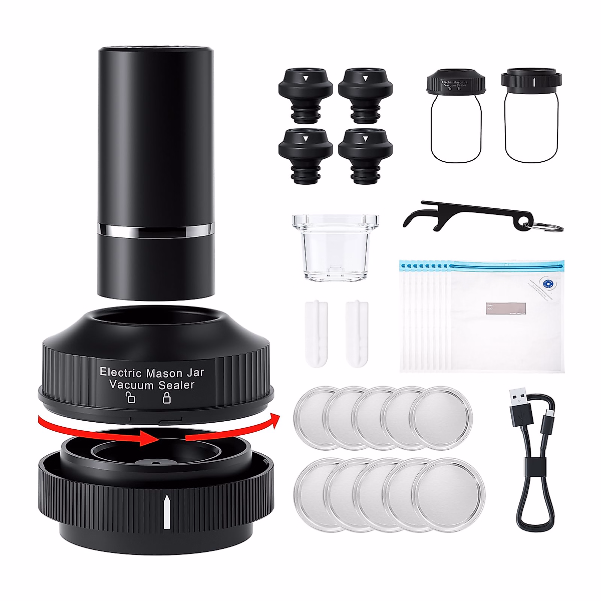 30-in-1 Electric Mason Jar Vacuum Sealer Kit - Wireless Kitchen Vacuum Sealer for Mason Jars, Food Preservation Vacuum Sealer for Vacuum Sealer Bags, Vacuum Sealing Machine with Red Wine Stoppers