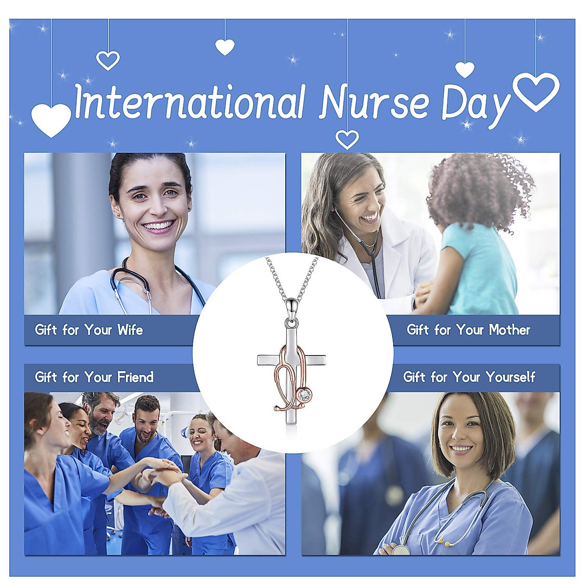 Sterling Silver Stethoscope Cross Necklace Earrings Bracelet Women Medicine Pendant Jewelry Nurse Doctor Graduation Gift for Medical Student (rosegold Stethoscope necklace)