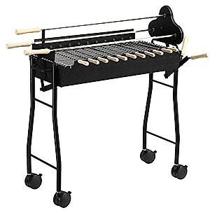 Outsunny Portable Charcoal BBQ Grills Steel Rotisserie Outdoor Cooking Height Adjustable with 4 Wheels Large/Small Skewers Portability for Patio, Backyard, Black