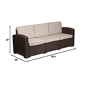 Flash Furniture Chocolate Brown Faux Rattan Sofa with All-Weather Beige Cushions