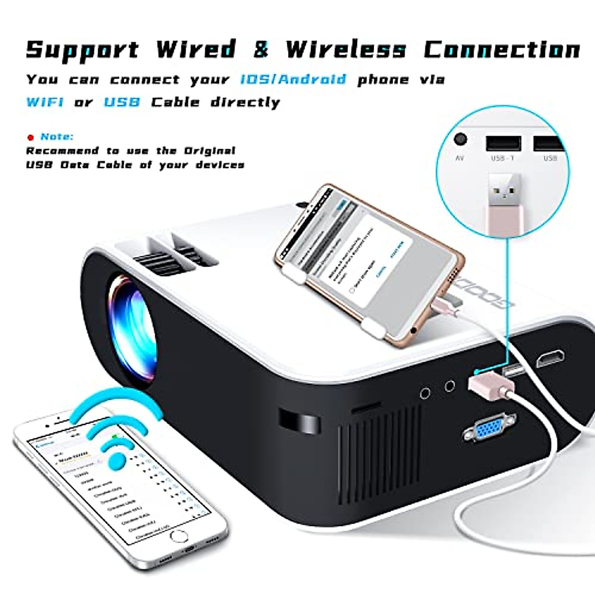 GooDee Projector, 2023 Upgraded Mini Projector, 8500 L Multimedia Home Theater Video Projector, Compatible with Full HD 1080P HDMI, USB, VGA, AV, Smartphone, Pad, TV Box, Laptop