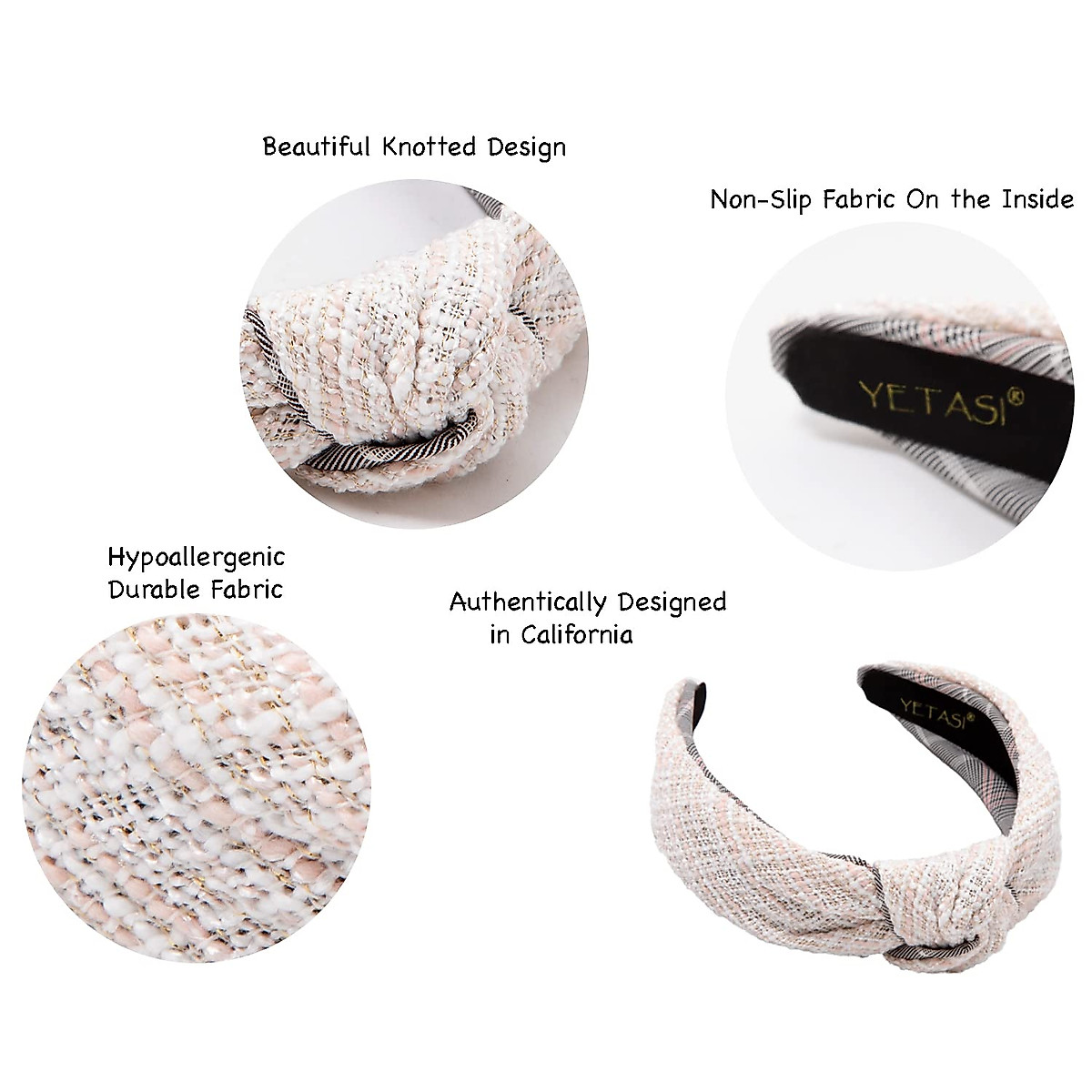 YETASI Tweed Off White Knotted Headband for Women with Hints of Pink and Gold Threading is Unique. White Headbands for Women with Knot