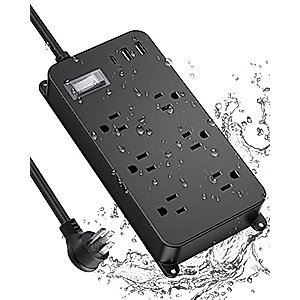 Jgstkcity Outdoor Power Strip Weatherproof with USB C,Waterproof Extension Cord Multiple Outlet Surge Protector for Patio Accessories,6 Outlets and 3 USB Ports,6ft Cable, Black