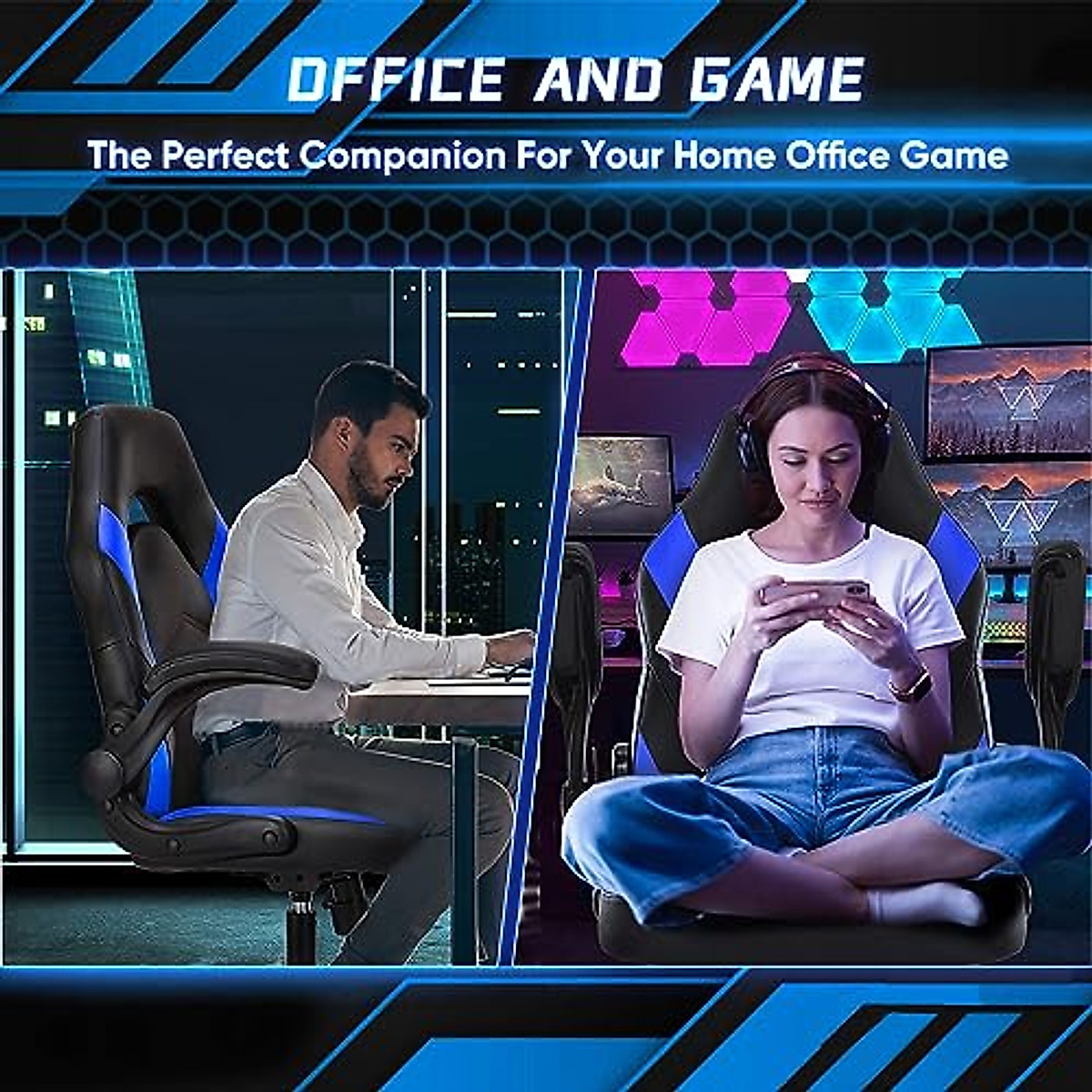 OLIXIS Ergonomic Office Computer Gaming Chair with Lumbar Support Flip-up Arms Adjustable Height PU Leather Swivel with Wheels, 25.98D x 25.39W x 41.73H, Blue